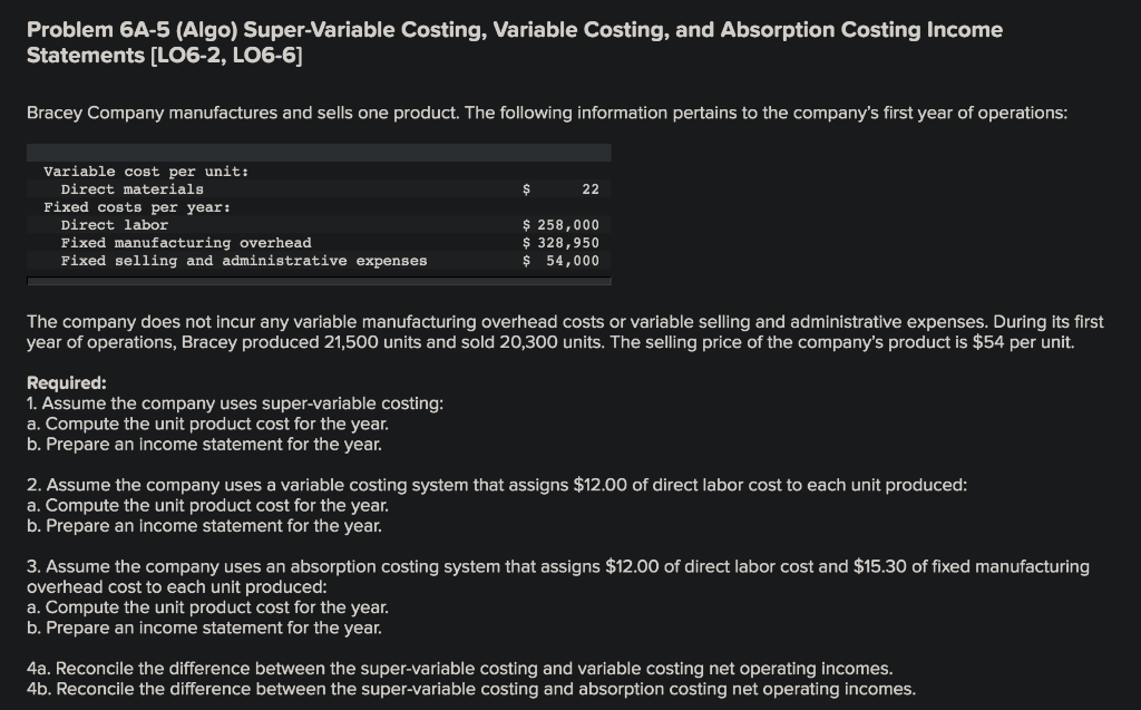 Solved Problem 6A-5 (Algo) Super-Variable Costing, Variable | Chegg.com