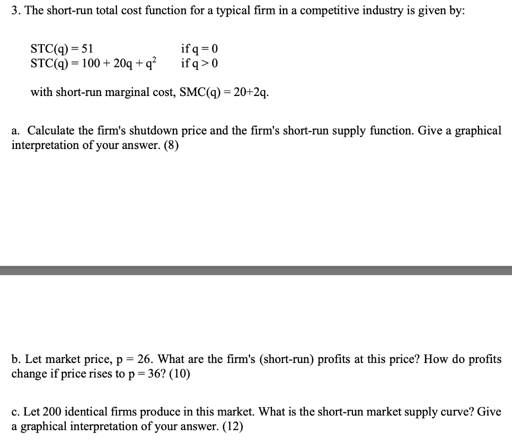 Solved 3. The short-run total cost function for a typical | Chegg.com