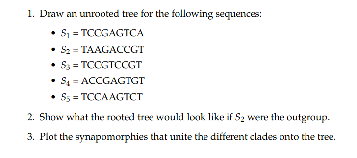 Solved 1. Draw an unrooted tree for the following sequences: | Chegg.com