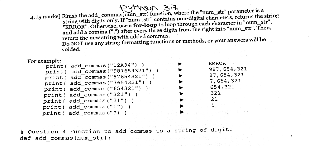 Solved Python 3.7 4. (5 marks) Finish the | Chegg.com
