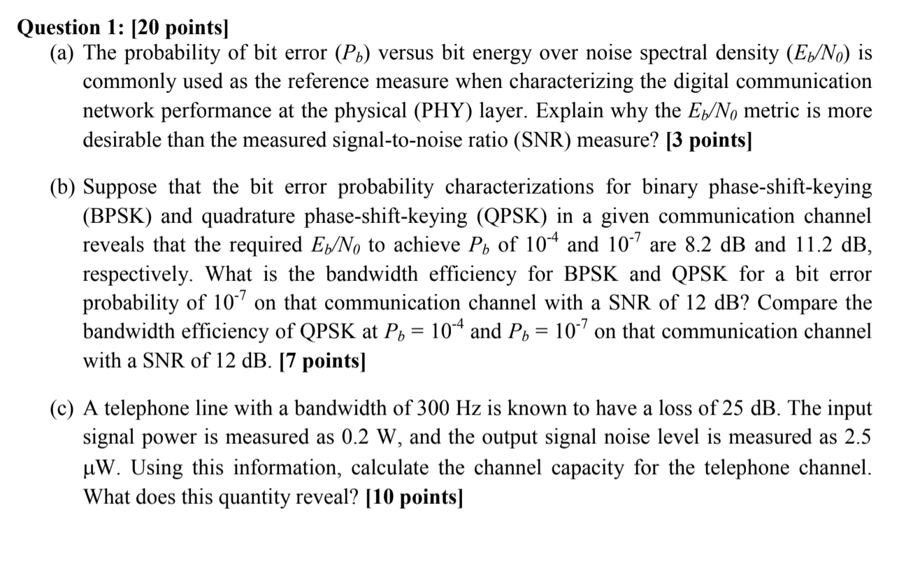 Solved Question 1: [20 points) (a) The probability of bit | Chegg.com