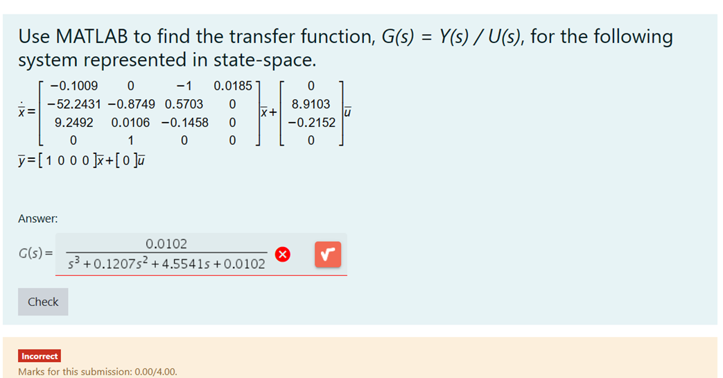 Solved Use MATLAB to find the transfer function, | Chegg.com