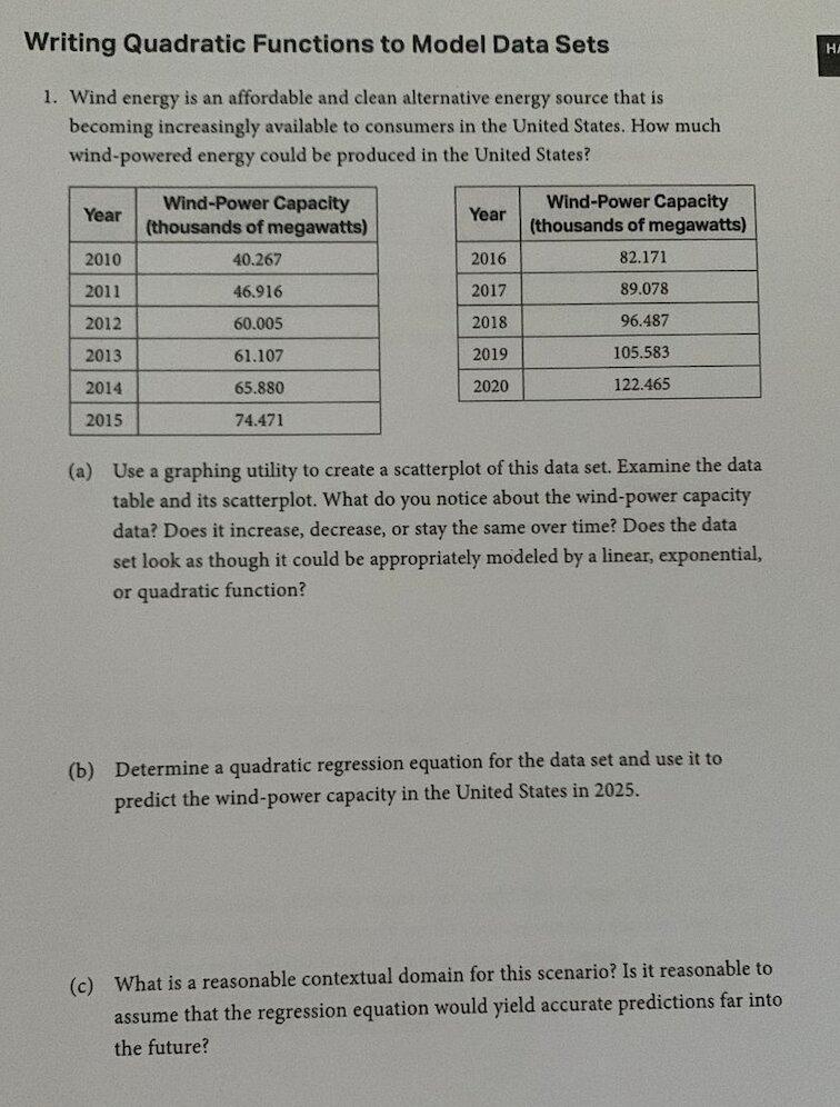 Solved Writing Quadratic Functions to Model Data Sets 1. | Chegg.com