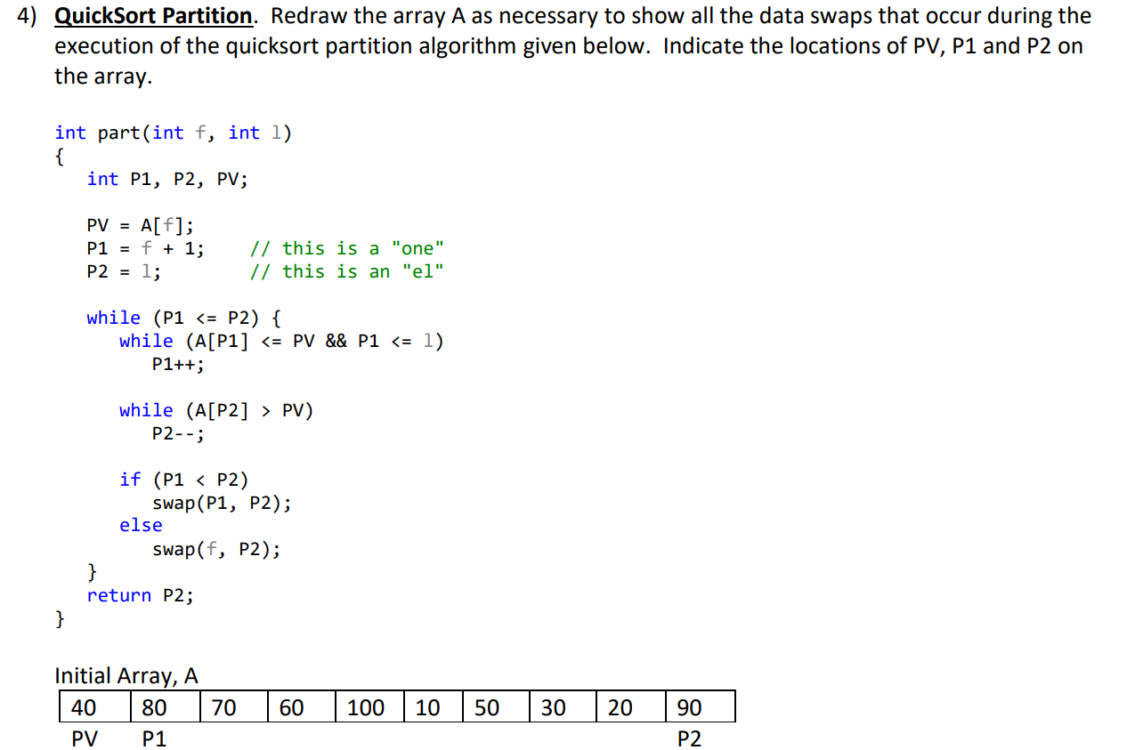 Solved 4) QuickSort Partition. Redraw the array A as | Chegg.com