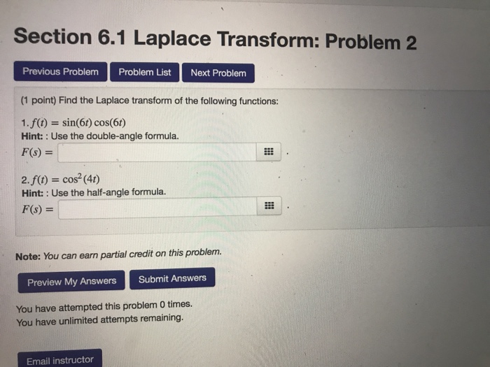 Solved Section 6.1 Laplace Transform: Problem 1 Previous | Chegg.com