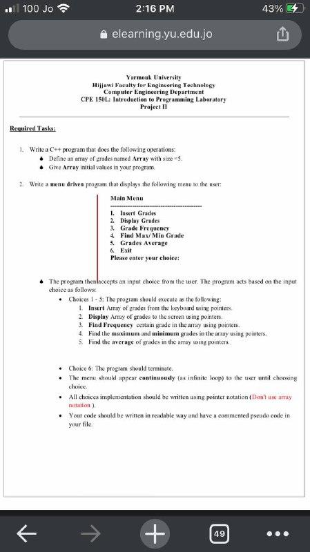 Solved . 100 Jo 2:16 PM 43% 64 elearning.yu.edu.jo Yarmouk | Chegg.com