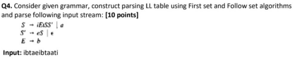 Solved Q4. Consider given grammar, construct parsing LL | Chegg.com