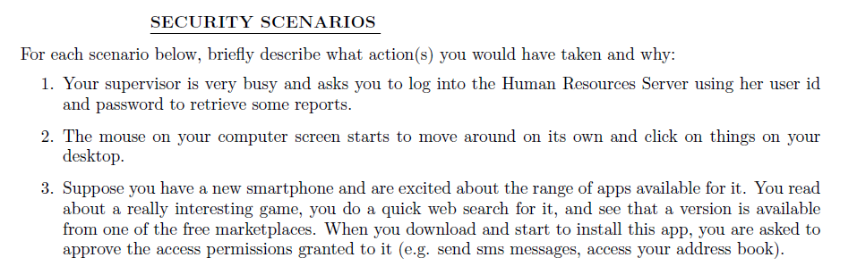 Solved SECURITY SCENARIOS For each scenario below, briefly | Chegg.com