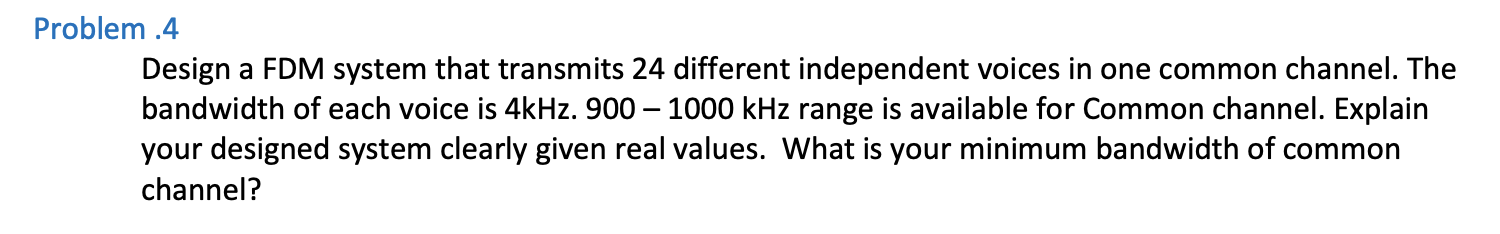 Solved Problem .4 Design a FDM system that transmits 24 | Chegg.com