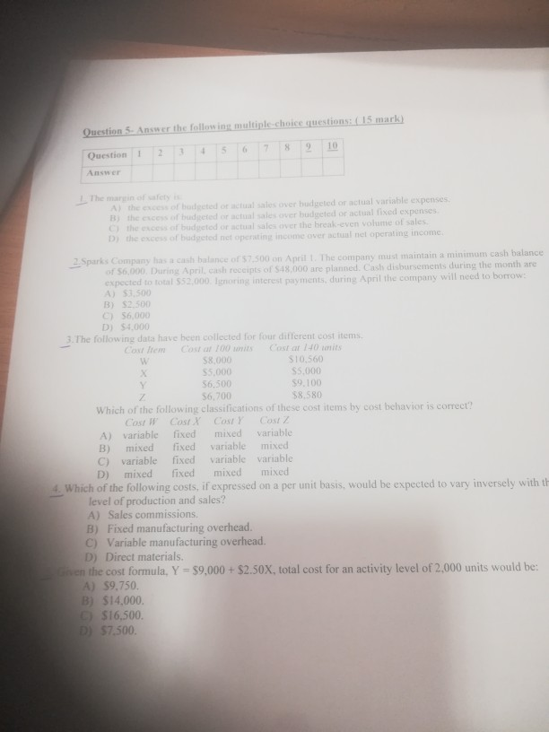 Solved Question S Answer the following multiple choice | Chegg.com