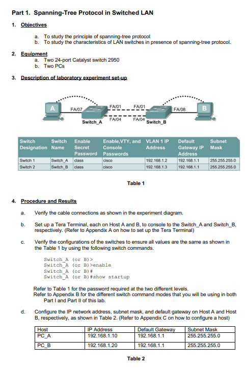 Part 1. Spanning-Tree Protocol in Switched LAN 1. | Chegg.com