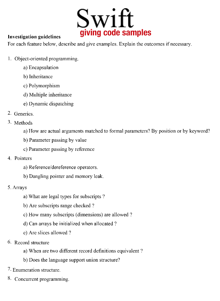 Swift giving code samples Investigation guidelines | Chegg.com