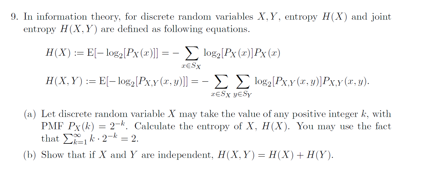 Solved 9. In information theory, for discrete random | Chegg.com