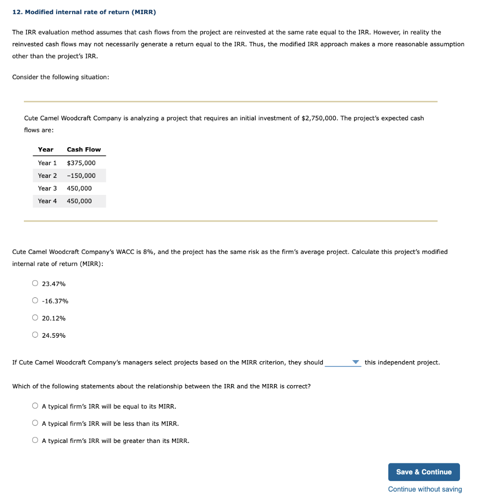 Solved 12. Modified internal rate of return (MIRR) The IRR | Chegg.com