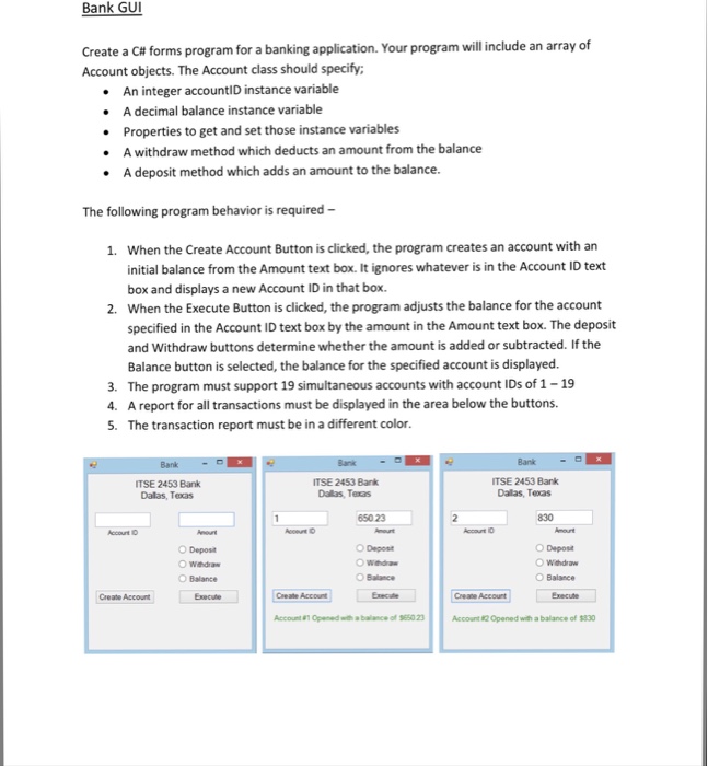 Solved Bank GUI Create a C# forms program for a banking | Chegg.com