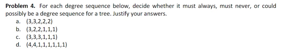 Solved Problem 4. For each degree sequence below, decide | Chegg.com