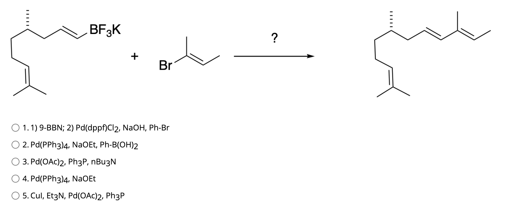 Solved BF3K ? + Br O 1.1) 9-BBN; 2) Pd(dppf)Cl2, NaOH, Ph-Br | Chegg.com