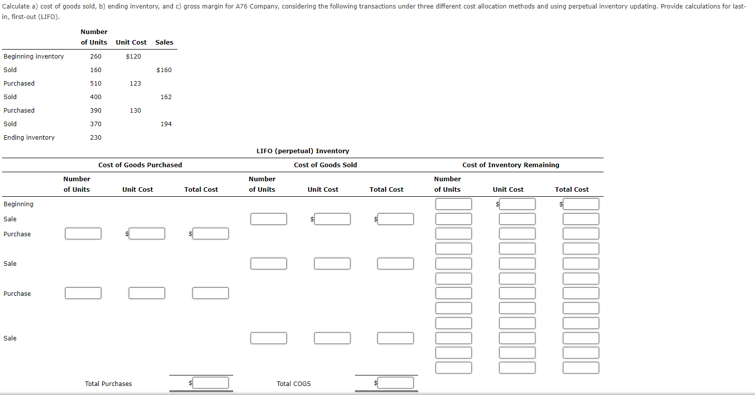 Solved in, first-out (LIFO). \begin{tabular}{lccc} & Number | Chegg.com
