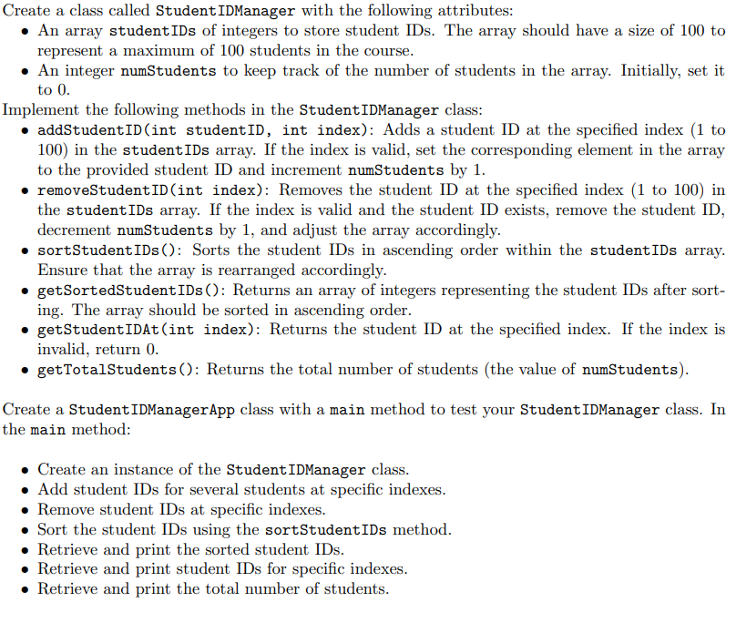 Solved Create a class called StudentIDManager with the | Chegg.com