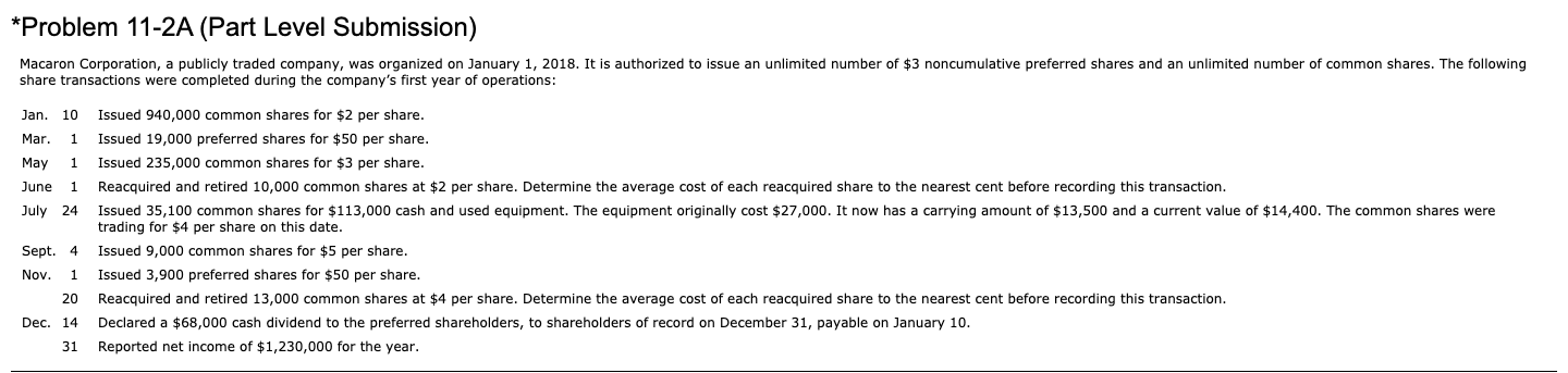 Solved *Problem 11-2A (Part Level Submission) Macaron | Chegg.com