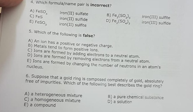 Solved 4. Which formula/name pair is incorrect? A) Feso, | Chegg.com