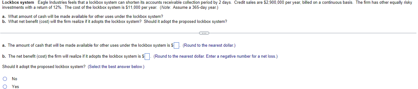 Solved Lockbox system Eagle Industries feels that a lockbox | Chegg.com