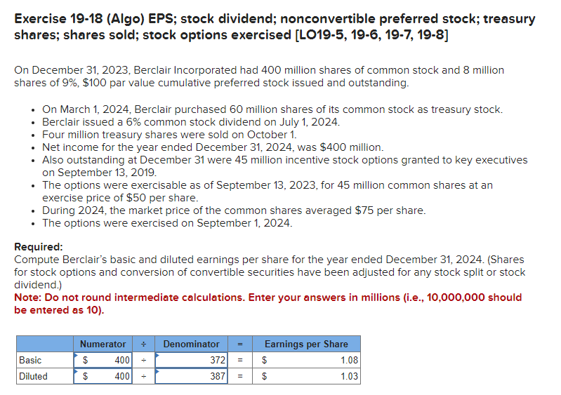 Solved Exercise 19-18 (Algo) EPS; stock dividend; | Chegg.com