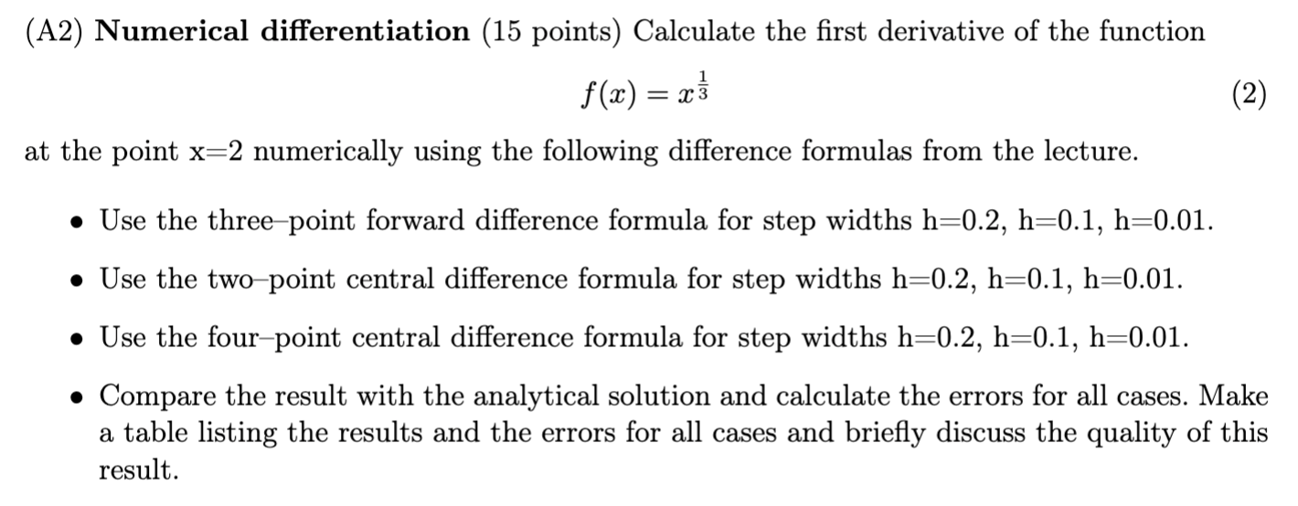 Solved (A2) Numerical differentiation (15 points) Calculate | Chegg.com
