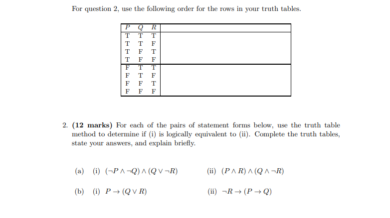 Solved For question 2, use the following order for the rows | Chegg.com