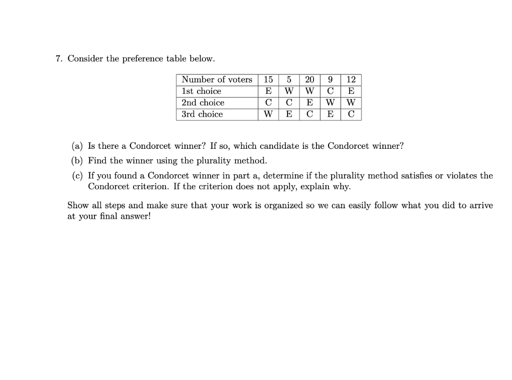 Solved 7. Consider the preference table below. 9 5 W Number | Chegg.com
