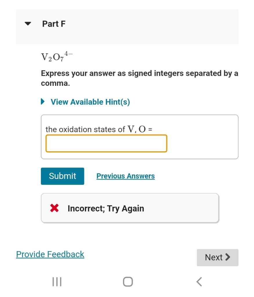 Solved V2O74− Express your answer as signed integers | Chegg.com