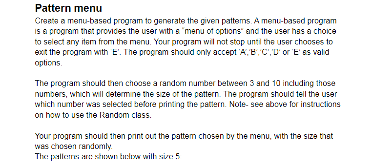 Solved Pattern Menu Create A Menu Based Program To Generate 