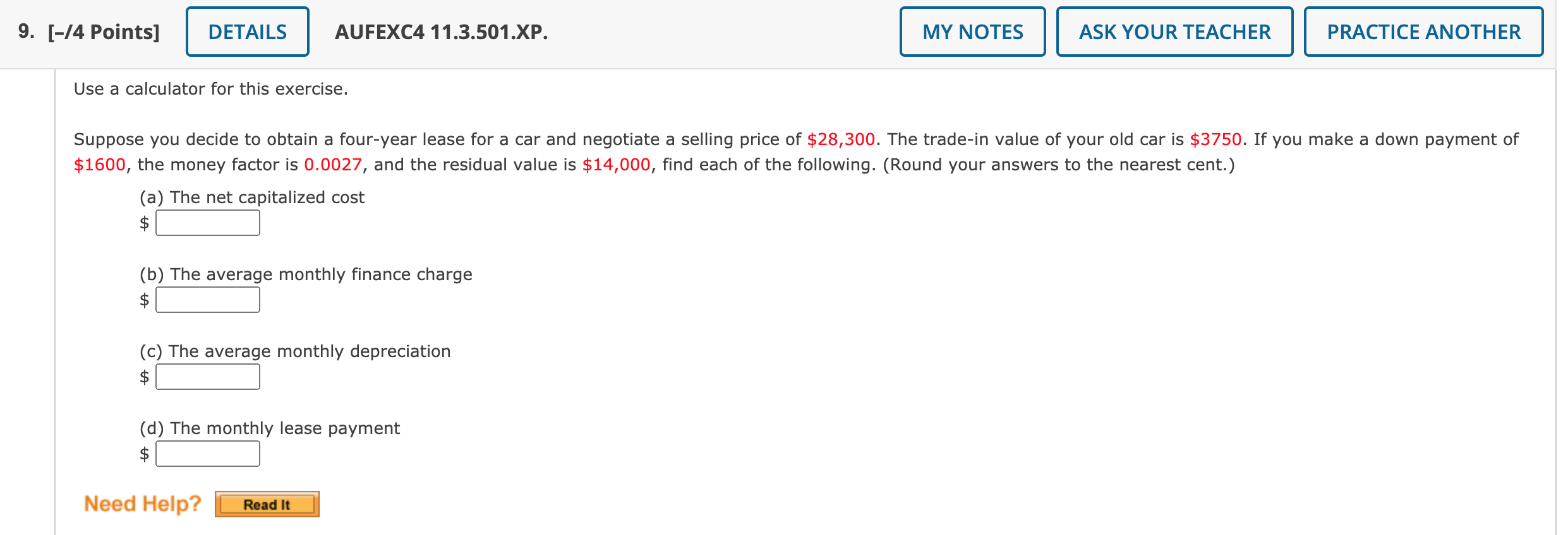 Solved 9. [-74 Points] DETAILS AUFEXC4 11.3.501.XP. MY NOTES | Chegg.com