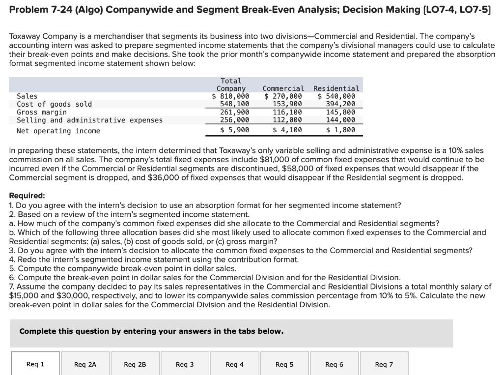 Solved Problem 7-24 (Algo) Companywide and Segment | Chegg.com