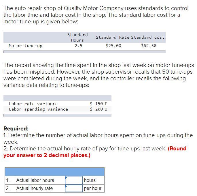 Solved The auto repair shop of Quality Motor Company uses | Chegg.com