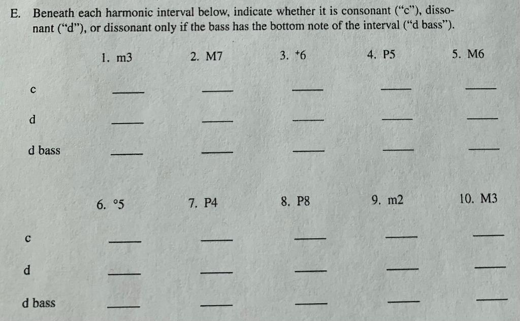 Solved E. Beneath each harmonic interval below, indicate | Chegg.com
