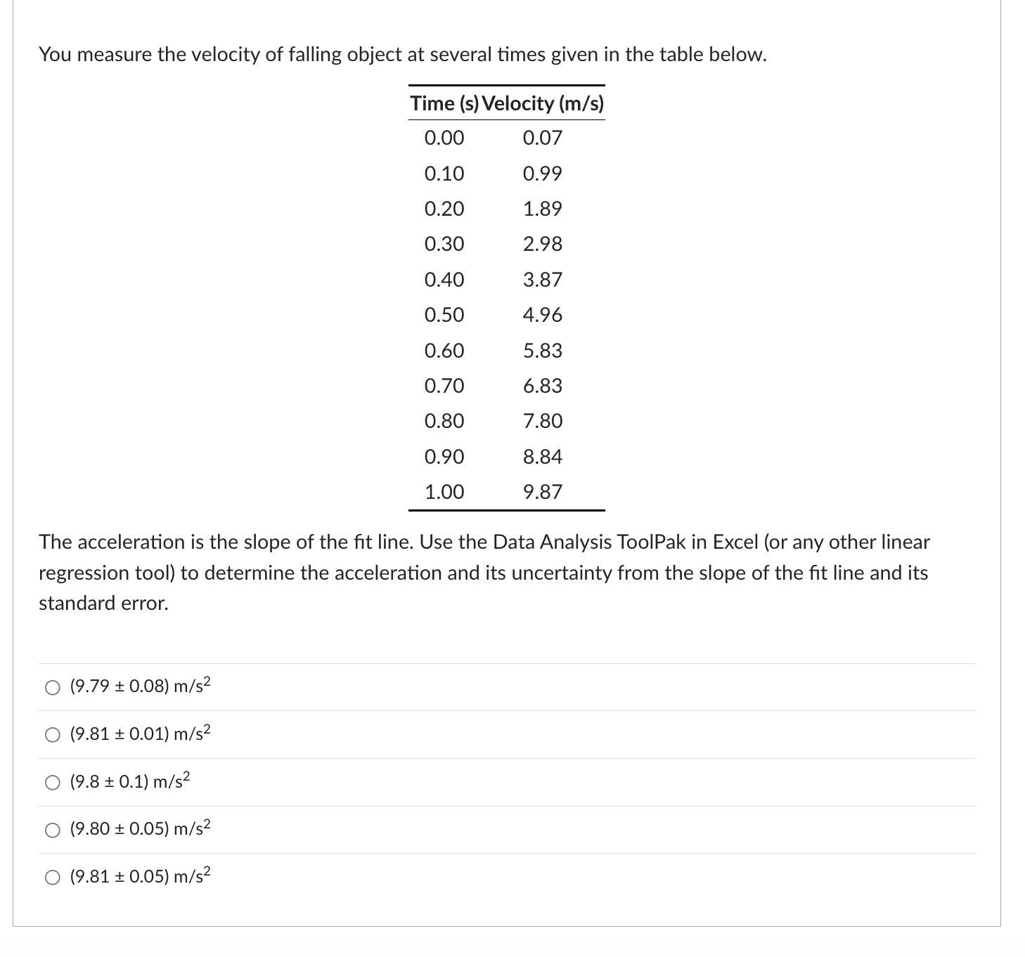 Solved You measure the velocity of falling object at several | Chegg.com
