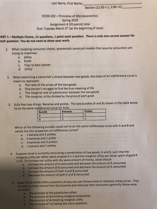 Solved Last Name, First Name: Section (12:30 1, 2:00 2) ECON | Chegg.com