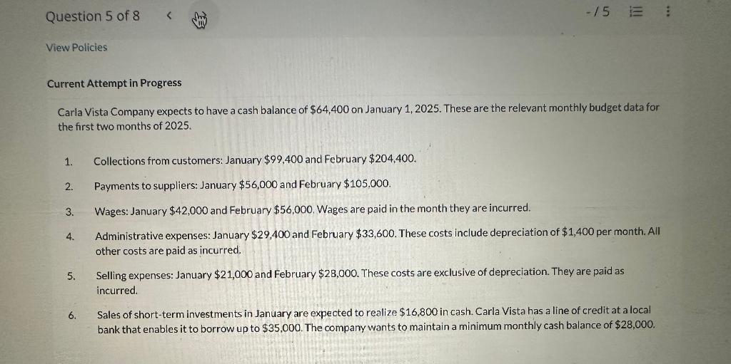 Solved Current Attempt in Progress Carla Vista Company | Chegg.com