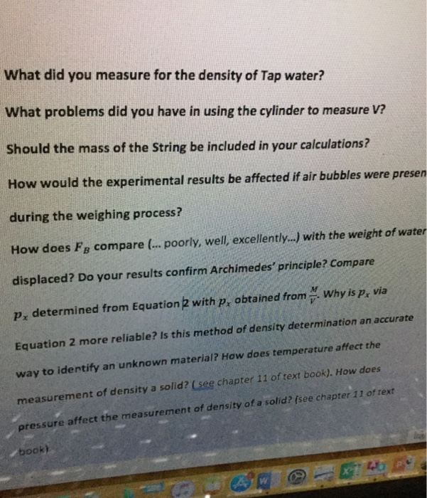 Solved What did you measure for the density of Tap water? | Chegg.com