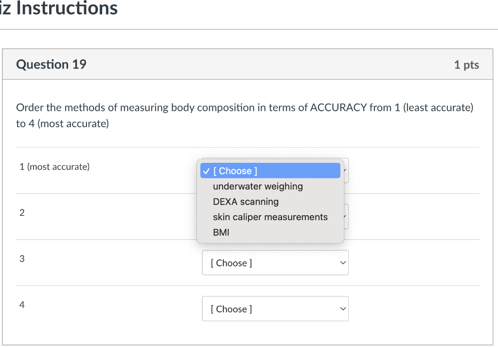 Solved Order the methods of measuring body composition in | Chegg.com