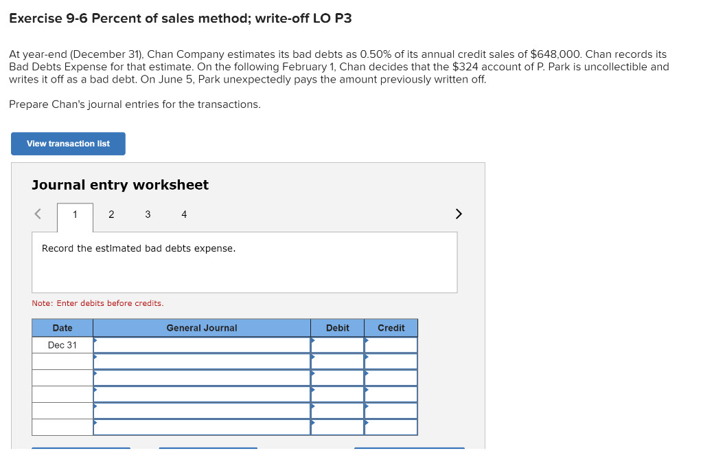 Solved Exercise 9 6 Percent Of Sales Method Write off LO P3 Chegg