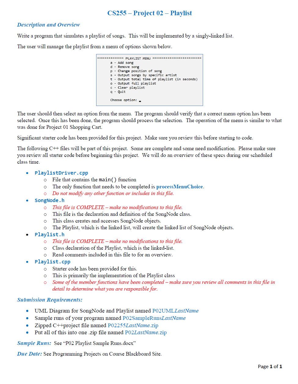 Solved CS255 - Project 02 - Playlist Description and | Chegg.com