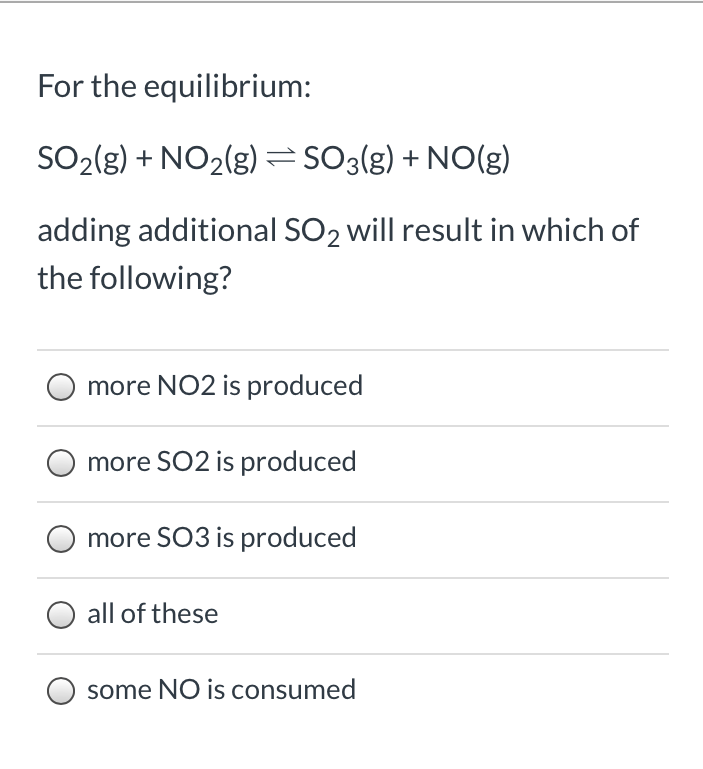 Solved For the equilibrium: SO2(g) + NO2(g) =SO3(g) + NO(g) | Chegg.com