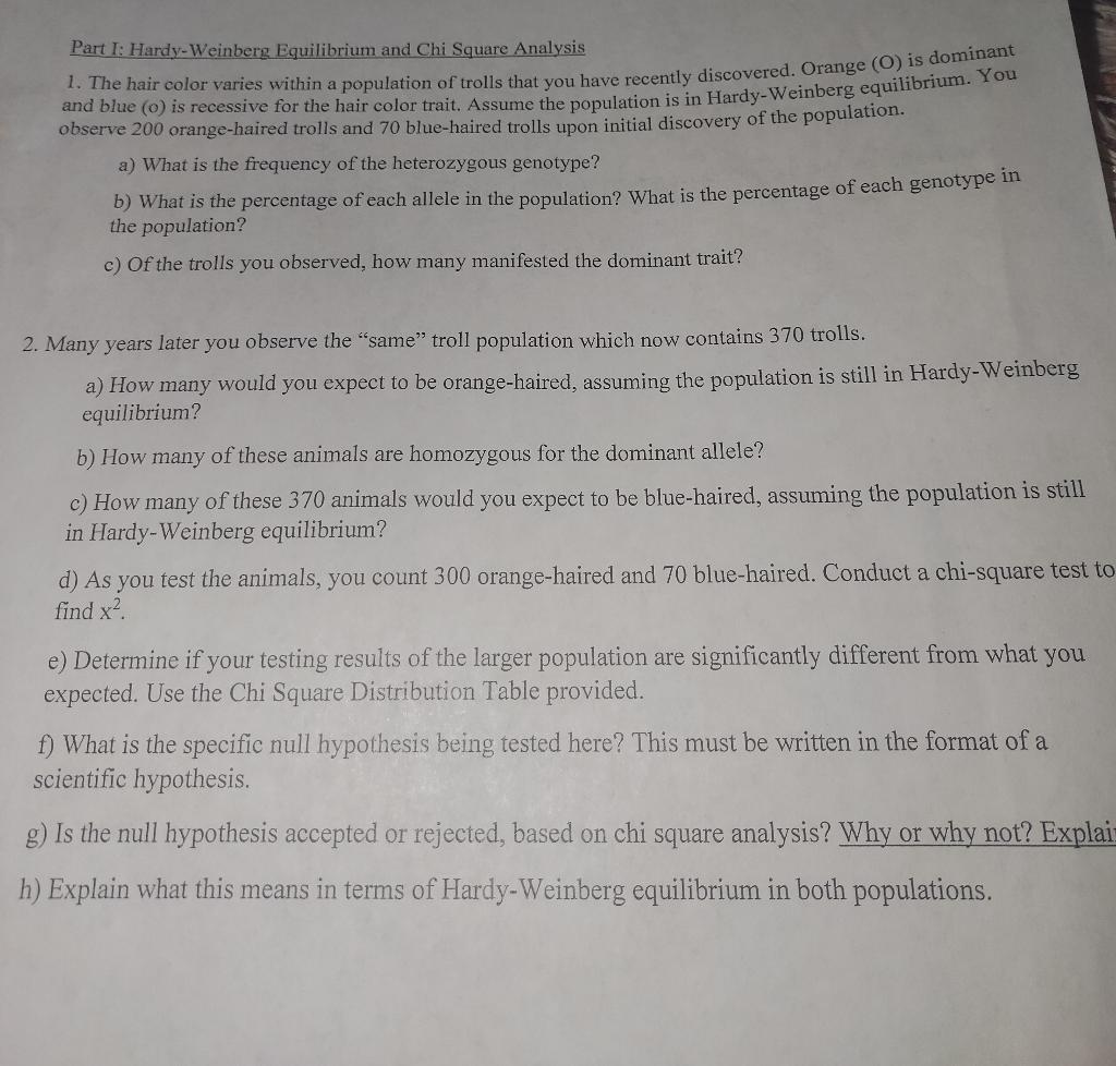 Solved Part I: Hardy-Weinberg Equilibrium and Chi Square | Chegg.com