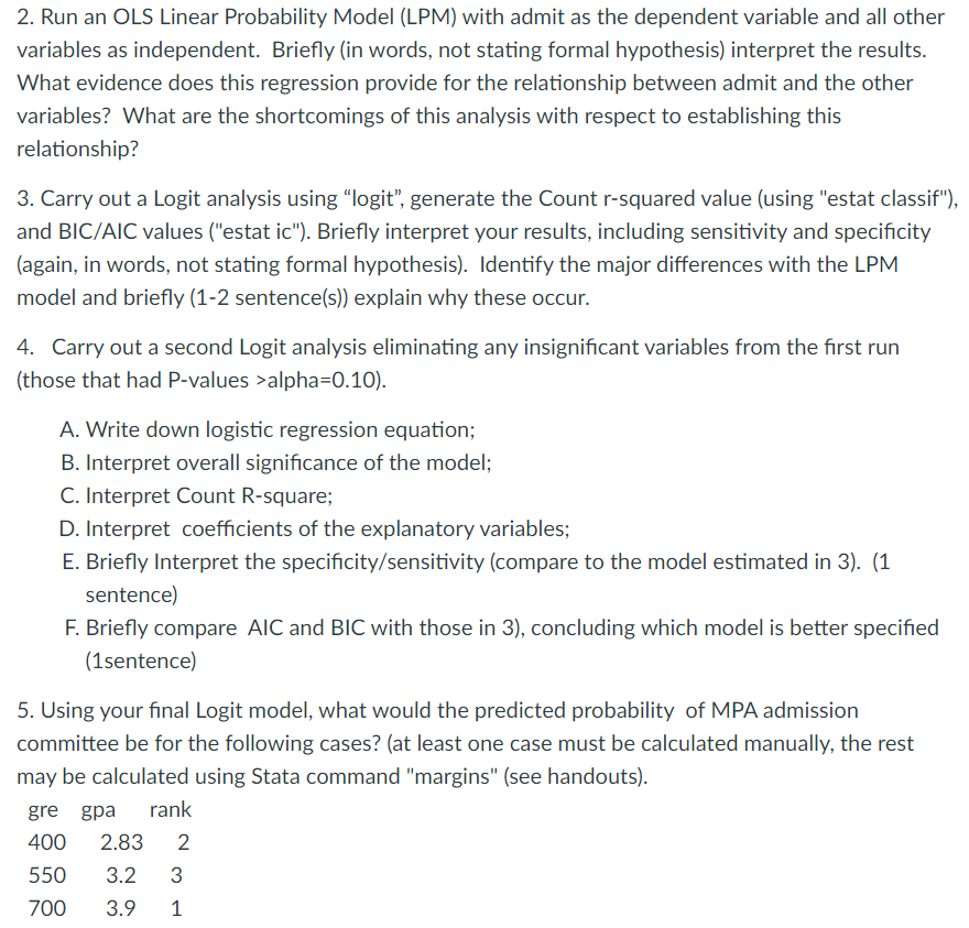 2. Run an OLS Linear Probability Model (LPM) with | Chegg.com