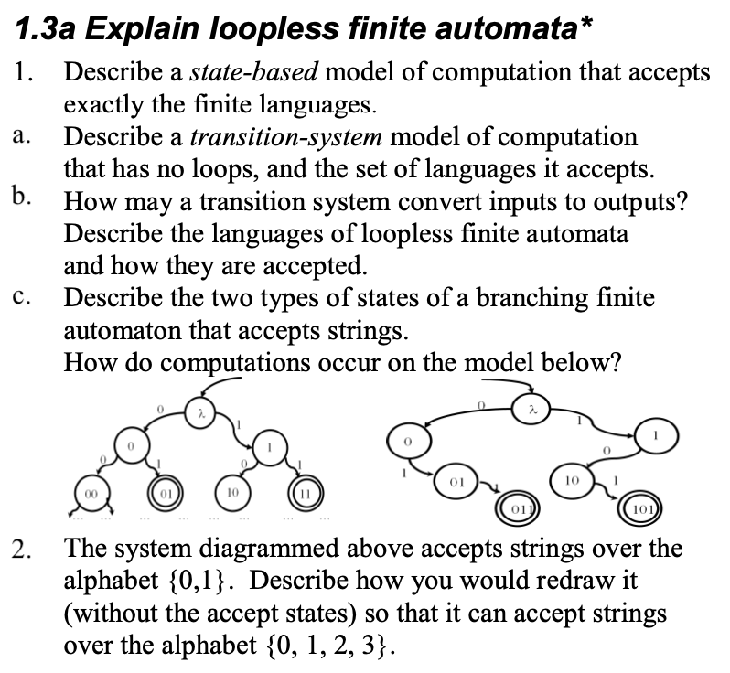 Solved 1.3a Explain loopless finite automata* 1. Describe a | Chegg.com Solved 1.3a Explain loopless finite automata* 1. Describe a | Chegg.com