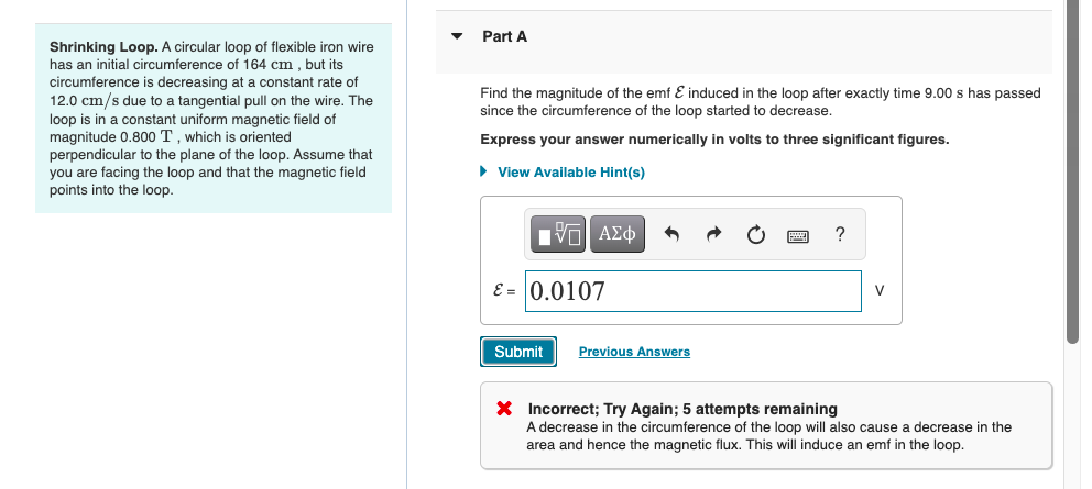 Solved Part A Shrinking Loop. A circular loop of flexible | Chegg.com