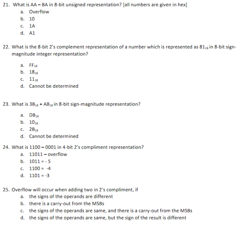 Solved 21. What is AA BA in 8-bit unsigned representation? | Chegg.com