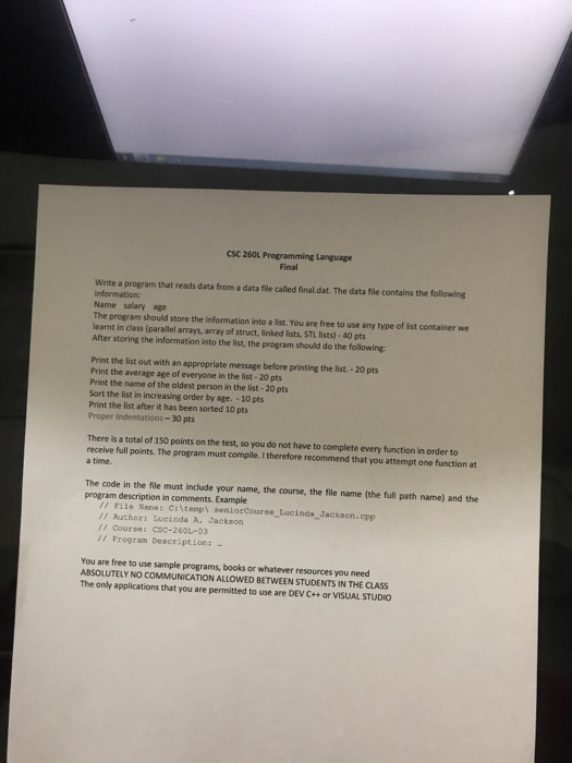 Solved CSC 260L Programming Language Final Write a program | Chegg.com